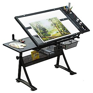 Adjustable Glass Drafting Table,Versatile Art Study Table,with Storage Drawers,Art Studio Design Sketching Painting Work Station