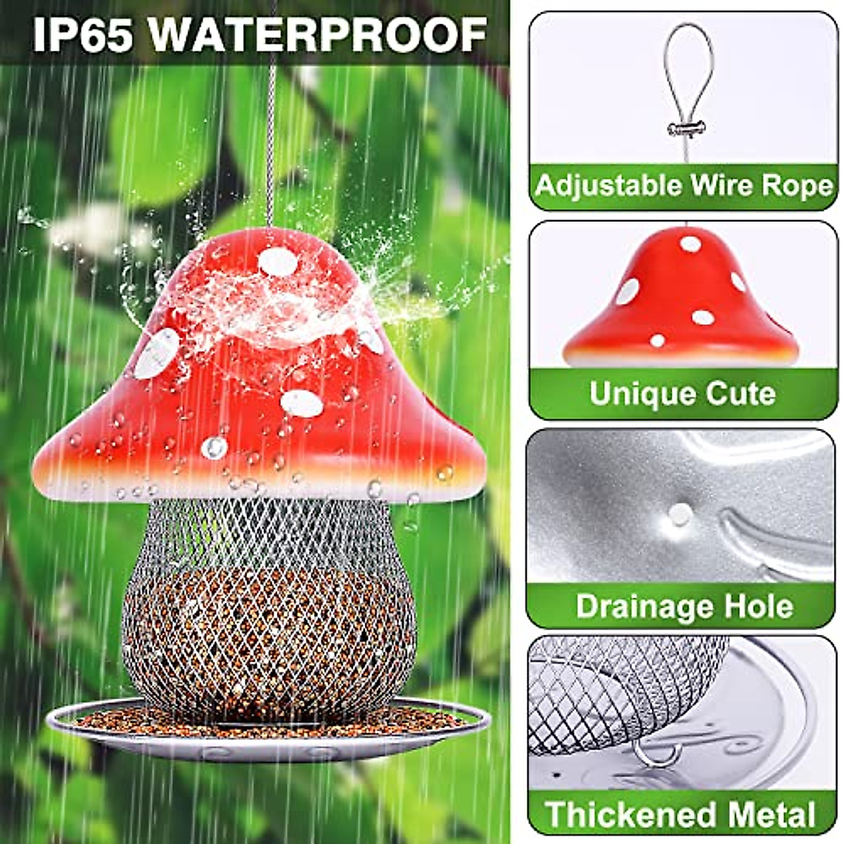 Red Bird Feeders, Mushroom Solar Bird Feeder for Outdoor Hanging, Metal Bird Feeder for Cardinal, Finche, Blue Jays, Chickadee, Sparrow and Wild Birds 3.5 lbs Seed Capacity, Gift for Bird Lovers