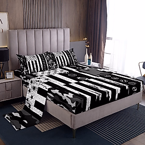 Feelyou Black Camo Bed Sheet Set Camouflage Bedding Set Military Style Fitted Sheet Baseball Football Flat Sheet for Kids Boys Girls Adults Full Size with 2 Pillow Case