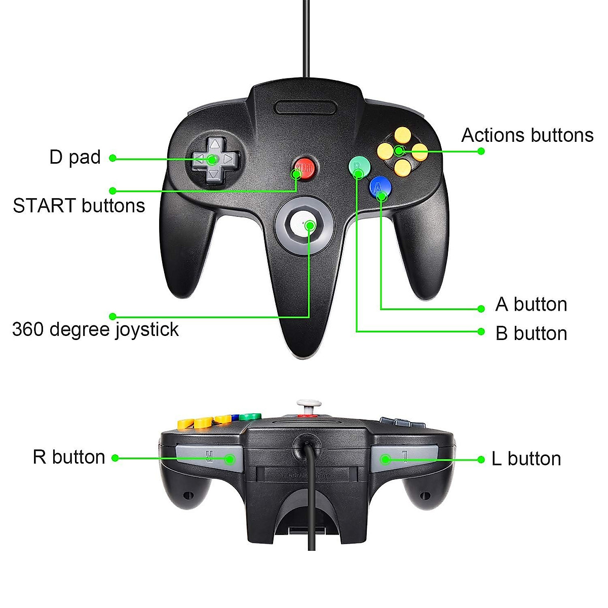 KIWITATA Classic N64 Controller, Remote N64 Wired USB Retro Joystick Game Pad N64 emulator Controller for Windows XP 7 8 & MAC Raspberry Pi 3 Black