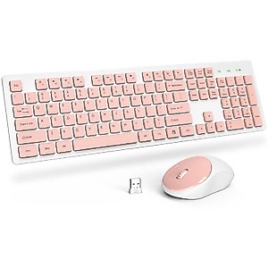 Wireless Keyboard and Mouse Combo with 7 Colored Backlits, Wrist Rest, Rechargeable Ergonomic Keyboard with Phone Holder, Silent Lighted Full Size Combo for Window, Mac, PC, Laptop-Trueque (Pink)