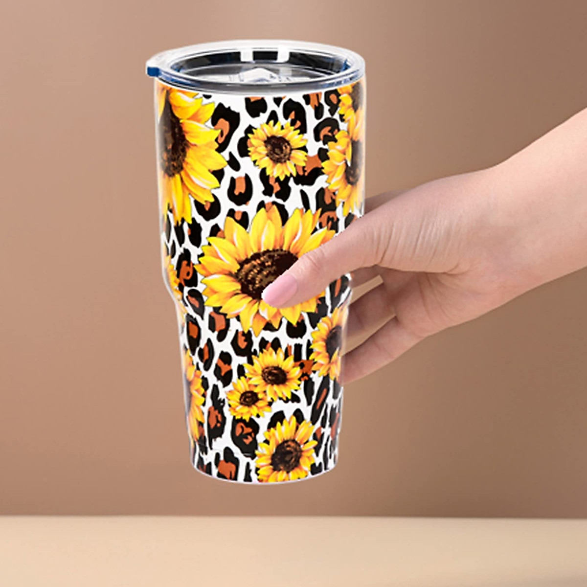 YHSHYZH 30 OZ Tumbler Cups with Lid Sunflower Stainless Steel Travel Coffee Mugs Personalized Leopard Print Insulated Cups Sunflowers Gifts for Women(30OZ, Leopard Sunflower)
