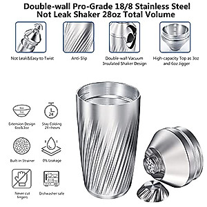 Cocktail Shaker Bar Set - Innovative Premium Vacuum Insulated Stainless Steel Drink Shaker Double Wall Margarita Mixer Jigger & Mixing Spoon Set - Martini Shaker for Home Bartender - 28oz