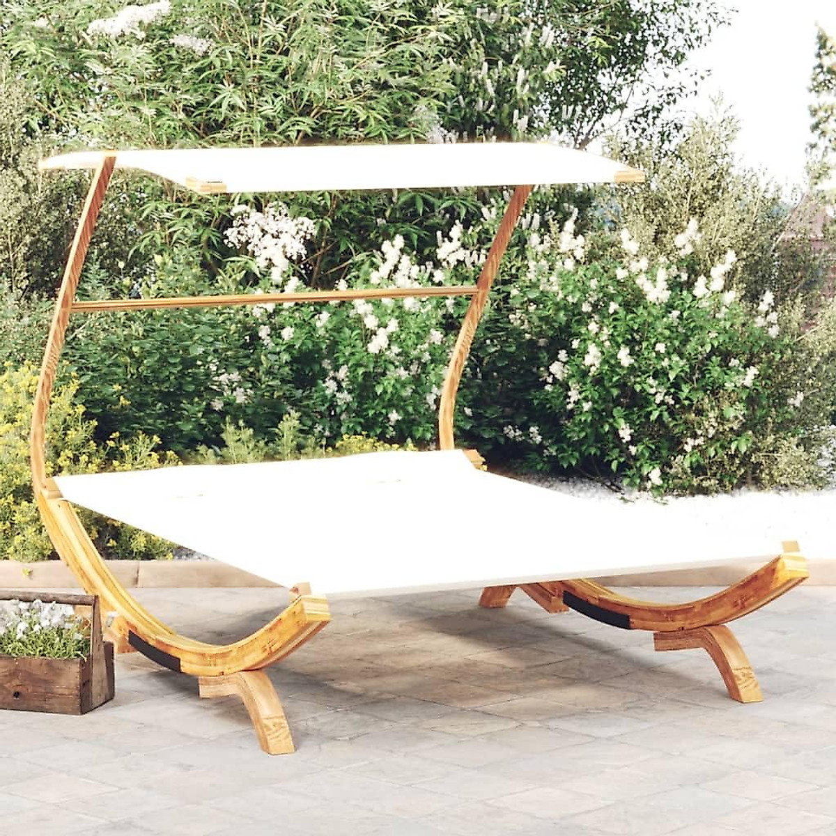 vidaXL Outdoor Double Chaise Lounge, Patio Lounge Bed with Canopy, Outdoor Daybed for Backyard Pool Lawn, Modern Style, Solid Wood Bent Cream