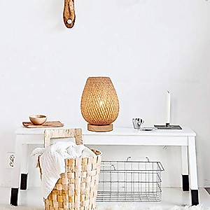 Bamboo Weaving Table Lamp with Handmade Natural Wooden Base, Eye-Caring Bedroom Bedside Night Light, Retro Desk Lamp Reading Light Home Decor, Unique Handicraft House Warmging Gift