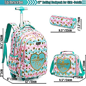 Egchescebo Girls Rolling Backpacks with Wheels 3PCS Heart Backpack Set for School Wheeled Luggage Suitcase Lunch Box Pencil Case Large Capacity Bookbag Adjustable Trolley for Elementary Travel Pink