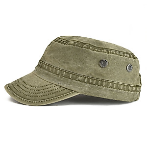 VOBOOM Washed Cotton Military Caps Cadet Army Caps Unique Design Vintage Flat Top Cap (Army Green)