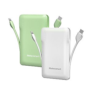 Metecsmart 2 Pack10000mAh Portable Phone Charger with Built in 2 Cables, Small Slim Mini Power Bank Fast Charging, USB-C Input/Output External Battery Pack Compatible with iPhone, Android, and iPad