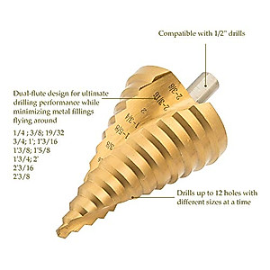 ZELCAN Large HSS Spiral Groove Step Drill Bit, 12 Sizes Titanium High Speed Steel 1/4" to 2-3/8" Drill Bit for Sheet Aluminium Metal Wood Hole Drilling, Big Multiple Hole Stepped Up Bit for DIY Lovers