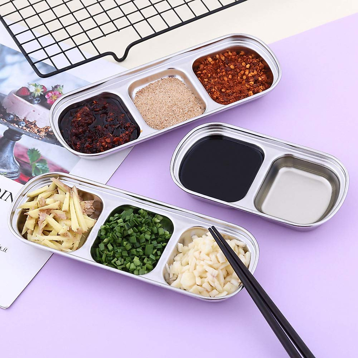 Stainless Steel Sauce Dish Seasoning Dish Snack Plate Divided Food Dipping Bowl Kitchen Condiment Snack Serving Dishes (2 Grids)