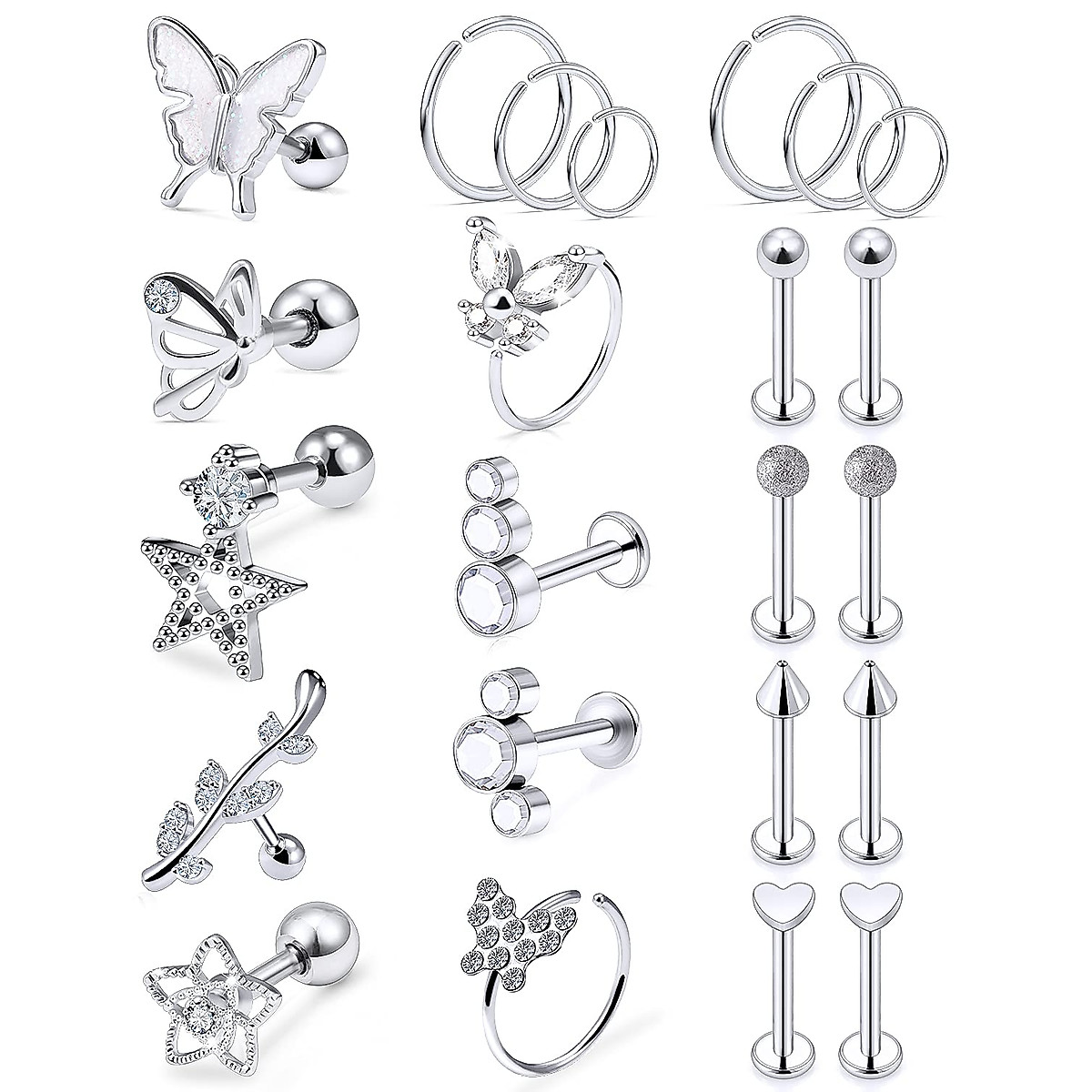 Oufksiyy tragus piercing jewelry 16G surgical steel tragus earrings for women cartilage earring Stud s Hoop butterfly cz Rook Piercing Jewelry For mens earrings Silver