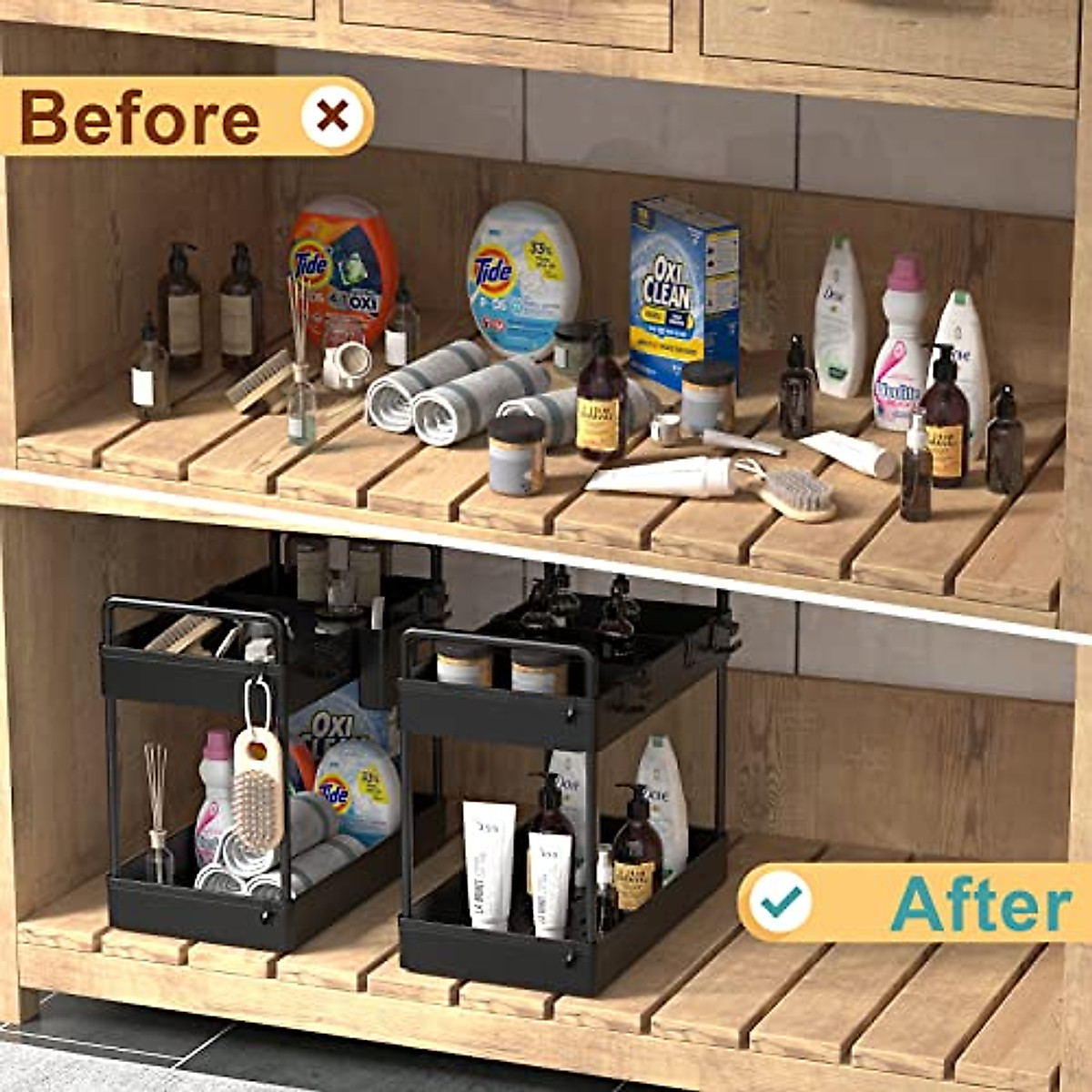 Ronlap 2 Pack Under Sink Organizers and Storage, 2 Tier Bathroom Organizer Under Sink with Handle Hanging Cup Hooks Dividers, Kitchen Organization and Storage Under Sink Cabinet Counter Shelf, Black