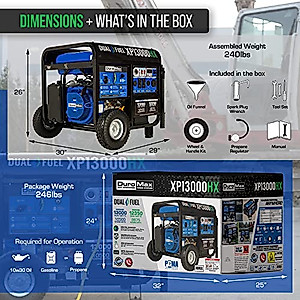 DuroMax XP13000HX Dual Fuel Portable Generator - 13000 Watt Gas or Propane Powered - Electric Start w/ CO Alert, 50 State Approved, Blue
