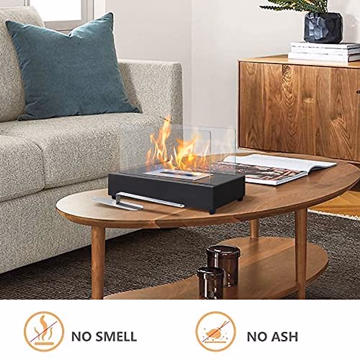 JP Outdoor Tabletop Fireplace, Portable Rectangle Ventless Black Fire Pit Bowl Pot Indoor Outdoor, Bio Ethanol Clean Burning