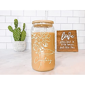 Personalized Name Glass Cup with Birth Flower, Custom Ice Coffee Bridesmaid Gift for Her, Friend, Birthday, Bachelorette Party, Customized Aesthetic Boho Floral Beer Can Tumbler Bamboo Lid Straw