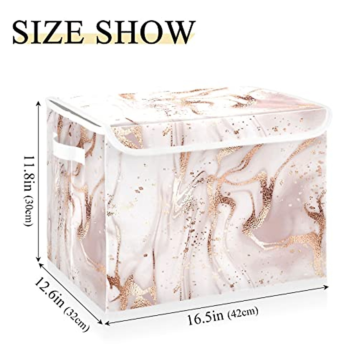 Kigai Storage Basket Rose Gold Abstract Marble Storage Boxes with Lids and Handle, Large Storage Cube Bin Collapsible for Shelves Closet Bedroom Living Room, 16.5x12.6x11.8 In
