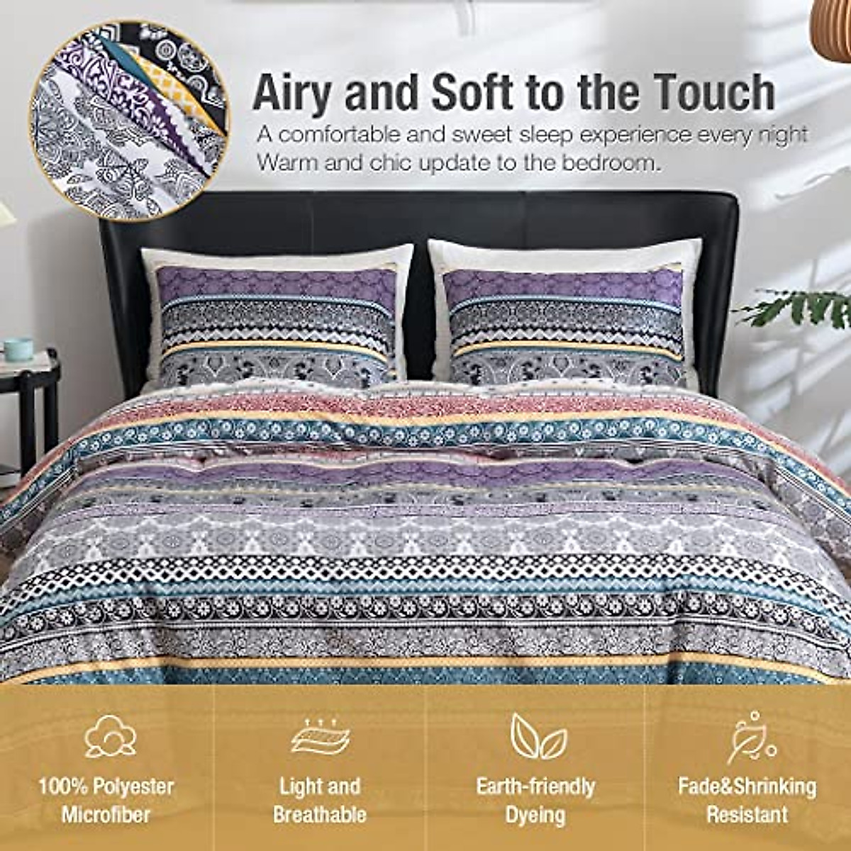 Lekesky Boho Duvet Cover Queen Size, Bohemian Purple Blue Retro Floral Print Comforter Cover Set, 3pcs Luxury Soft Microfiber Bedding Set with Zipper Ties