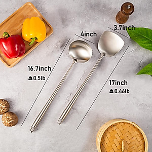 17inch Wok Spatula and Ladle - 304 Stainless Steel Wok Tools Set, 2 Pieces All Metal Extra Long Handle Cooking Tools, Chinese Wok Utensils and Wok Accessories for Cast Iron/Carbon Steel Wok