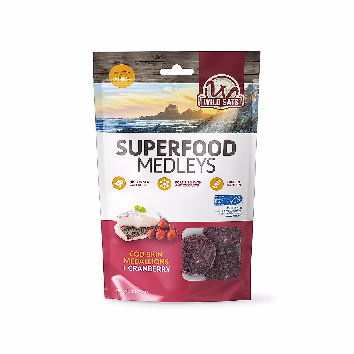 Wild Eats Cod Skins Dog Treat Superfood Medallions 3oz - Only Cod & Cranberry, Urinary Tract for Dogs Health Support