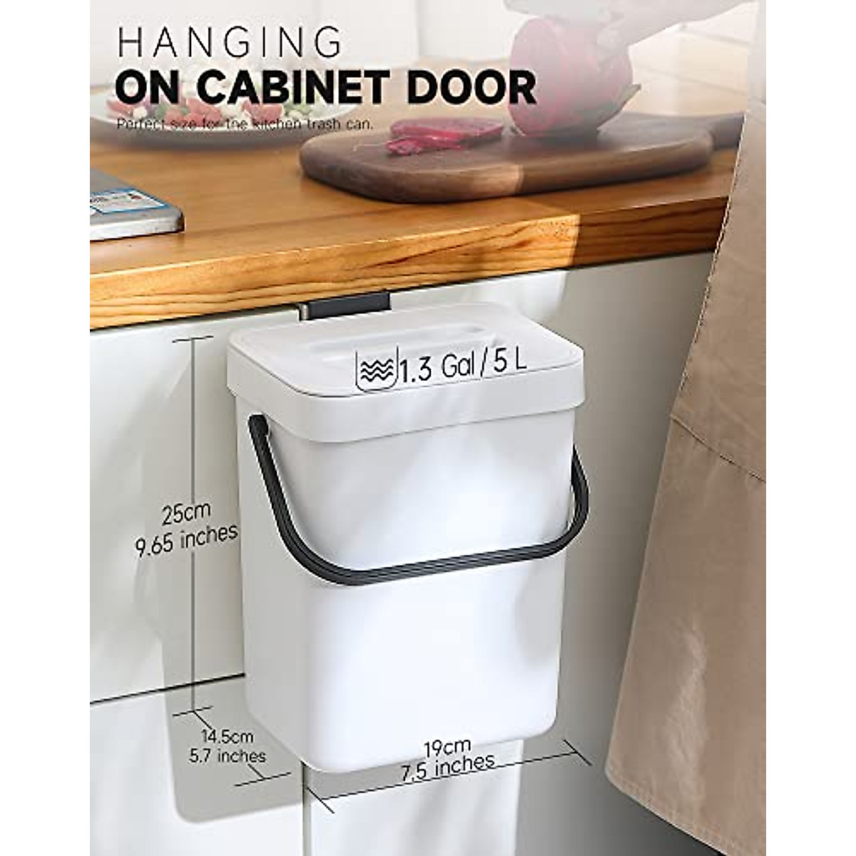 MONGTINGLU Countertop Compost Bin - 1.3 Gallons Hanging Small Trash Can with Lid for Kitchen Bathroom, Under Sink Kitchen Trash Can, Indoor Counter Compost Bucket with Lid, 5L(White)