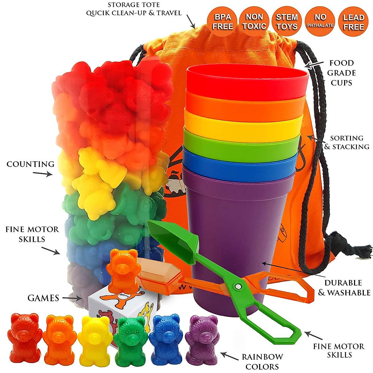 Skoolzy Rainbow Counting Bears - Size Matching Bear Cups