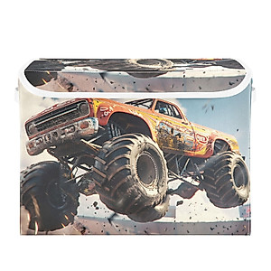 YMGQYJ Storage Cube with Lid Collapsible Monster Truck Jumping Print, Large Capacity Foldable Storage Basket Bin Organizer 16.5×12.6×11.8 IN