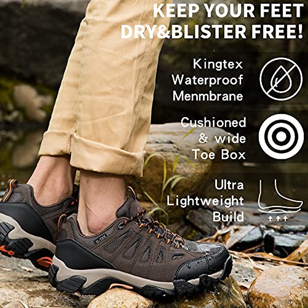 SHULOOK Men's Waterproof Hiking Shoes Lightweight Anti Slip Outdoor Ankle Boots Breathable Hike Trekking Trails Shoe Brown/Orange 10