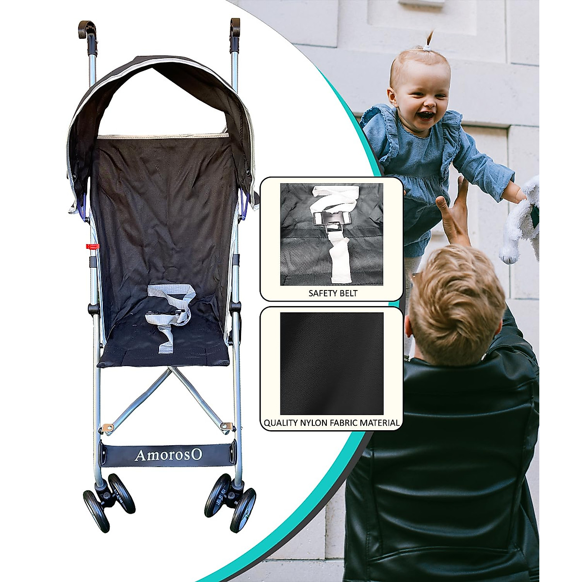 AmorosO Single Umbrella Stroller for Toddler, Travel Stroller for Babies - Sunlight and Light Rain Protection - Baby Stroller with Four EVA Wheels - Travel-Ready Stroller - Round Canopy (Black/White)