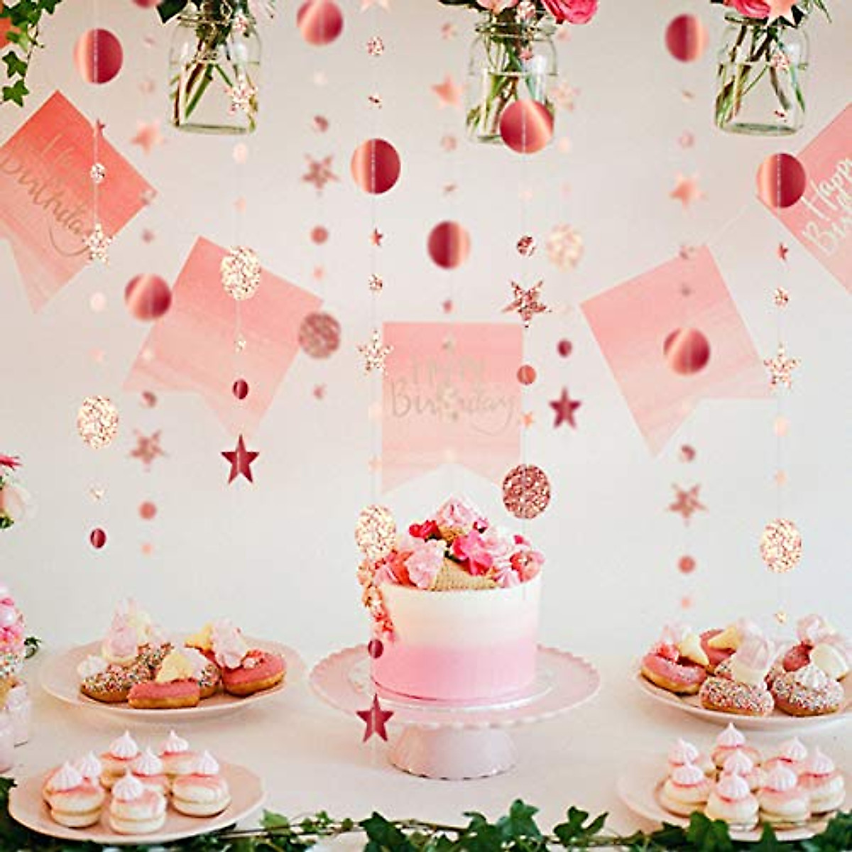 Rose Gold Party Decoration Rose Gold Star Circle Dot Hanging Garland Rose Gold Hanging Streamer Decorations Glitter Star Bunting Banner Backdrop for Wedding Anniversary Baby Shower Birthday Christmas