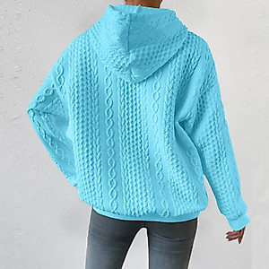 PETYCZEN Fall Sweatshirts for Women Casual Long Sleeve Slouchy Cozy Lightweight Cable Knit Oversized Hoodie Chunky Y2K Sweater Drawstring Pullover Tops Trendy Clothes with Pockets Light Blue 3X-Large