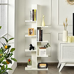 Tangkula 8 Shelf Bookshelf, Wooden Tree Bookcase with 8 Book Shelf, 20”L x 8”W x 55.5”H, Freestanding 8 Tier Storage Display Shelf with Anti-toppling, Corner Shelf for Living Room Home Office (White)