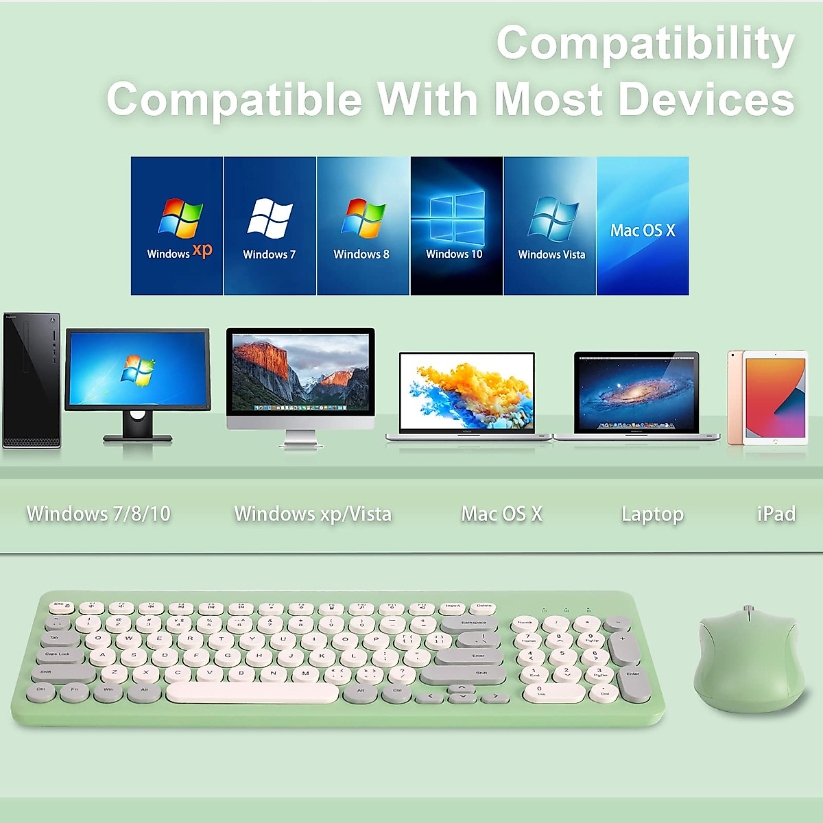 Arcwares Wireless Keyboard and Mouse Combo, Sweet Green Cute Keyboard, 2.4G USB Ergonomic Full-Sized Mute Keyboard for Computer, Laptop, PC Desktops, Mac