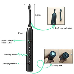 dazeni Sonic Electric Toothbrush with 8 Brush Heads for Adults and Kids, High Power Rechargeable Electric Toothbrushes, 6 Modes, 8 Hours Fast Charge for 15 Days, 2 Minutes Smart Timer (White)