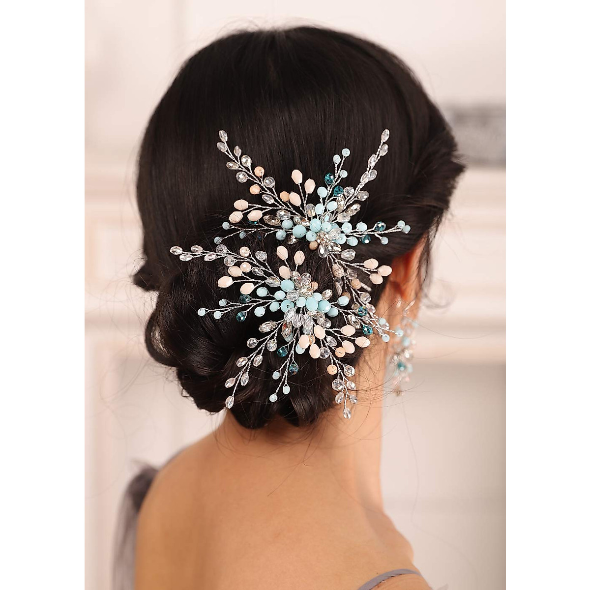 Kercisbeauty Mint Crystal Beads Hair Pins Set for Women and Girls Hair Piece and Dangle Drop Earrings Set Special Occasion Hair Accessories (Jewelry Set)