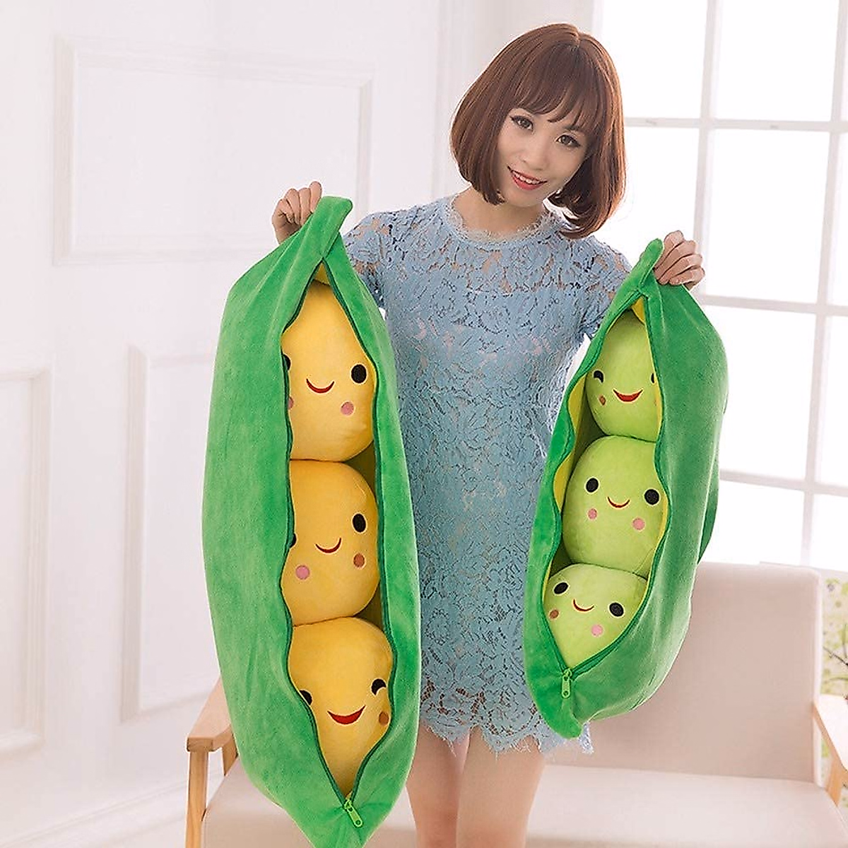 Giant Peas in A Pod Plush Toy Pea Pod Pillow Cute Pea Stuffed Toys Plant Doll Various Sizes (Green Beans,15.7''/40cm)