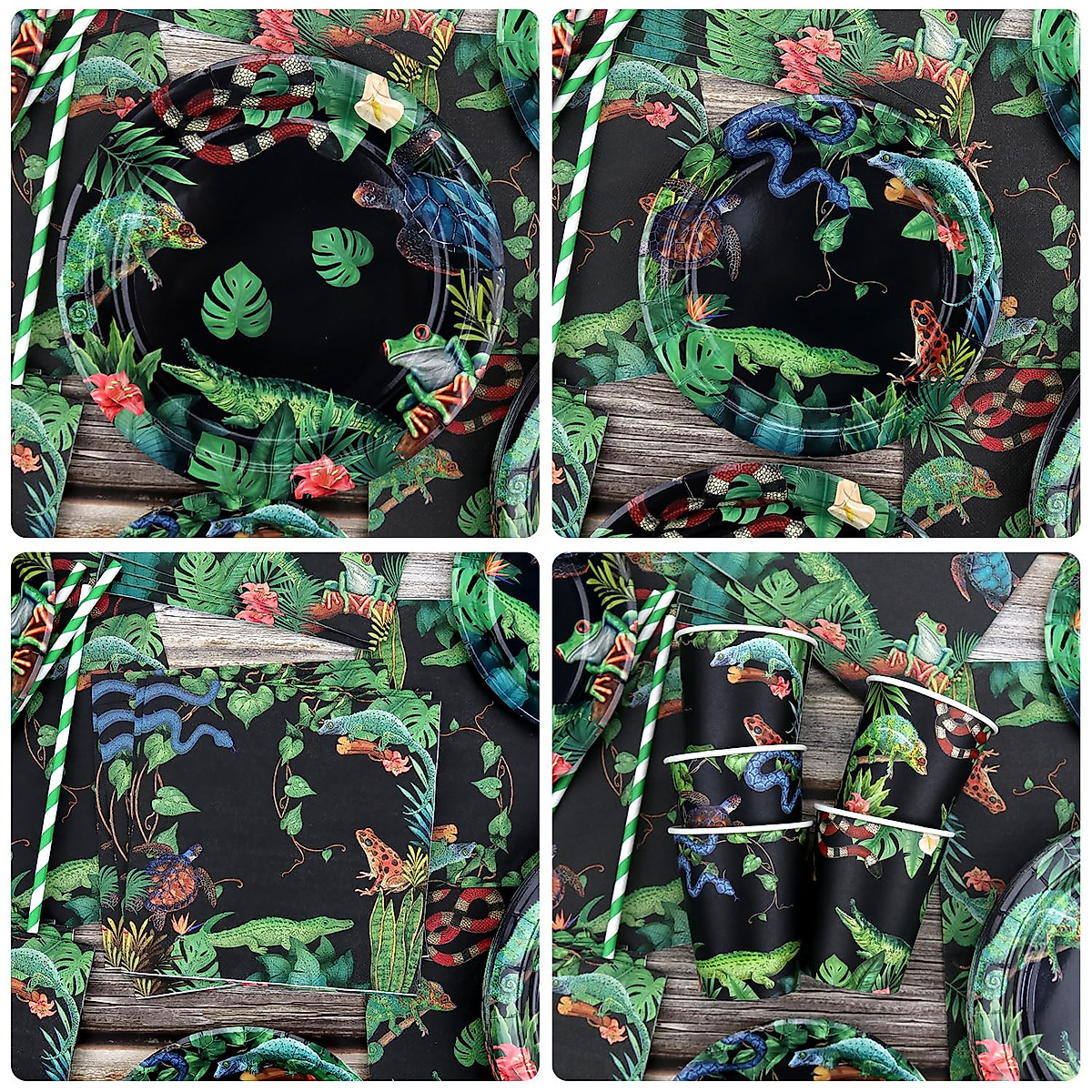 KEFAN Reptile Party Decorations, Wildlife Lizards Snakes Crocodiles Party Tableware Supplies including HAPPY BIRTHDAY Banner, Plates, Cups, Napkins, Tablecloth, Balloons (Backdrop)