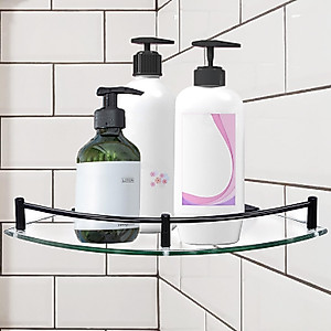 Halyuhn Bathroom Shower Corner Shelf, 9.5in Tempered Glass Bathroom Shelf for Bathroom Corner Shower Wall Mounted, 2 Tier Bathroom Organizers and Storage, Stainless Steel Rail