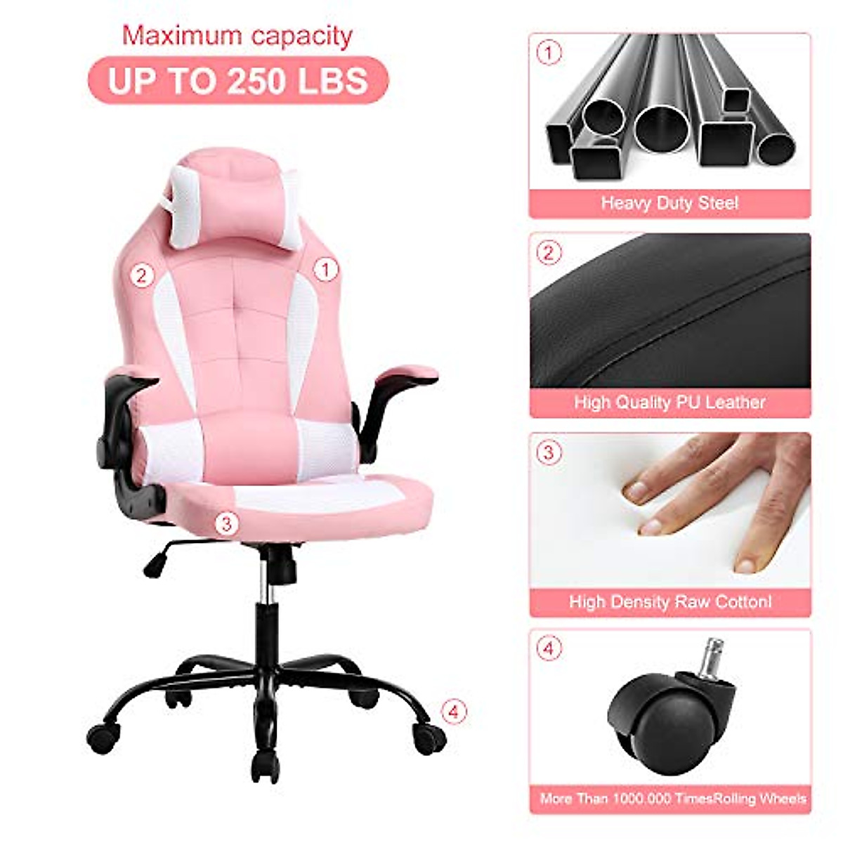 Gaming Chair Pink Meet Perfect Ergonomic Office Chair Desk Chair Leather Computer Chair Lumbar Support and Head Pillow Modern Executive Chair Adjustable Rolling Swivel Task Chair for Girls Women Teens