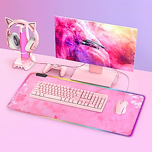 RGB Gaming Mouse Pad, Large Led Mouse Pad with 12 Lighting Modes, Gaming Keyboard Non-Slip Rubber Base PC Gaming Desk Pad,High-Performance Pad Optimized for Gamer,31.5x11.8 inch (Pink)