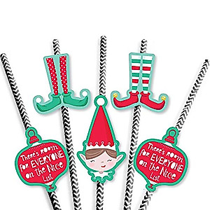 Big Dot of Happiness Elf Squad - Paper Straw Decor - Kids Elf Christmas and Birthday Party Striped Decorative Straws - Set of 24