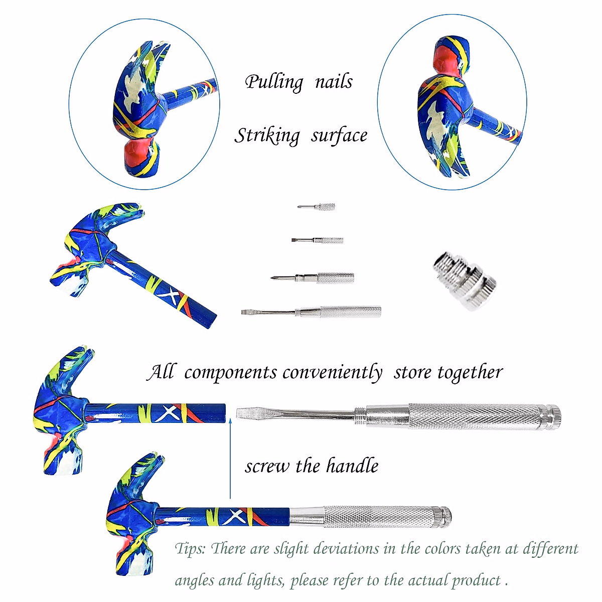 Floral Hammer with Screwdriver 6 in 1 Multifunctional Tool Set with Slotted/Flat Head Phillips Screwdriver & Nut Drivers Garden Tool Nail Puller Hammer Gift for Halloween Thanksgiving Christmas (Blue)
