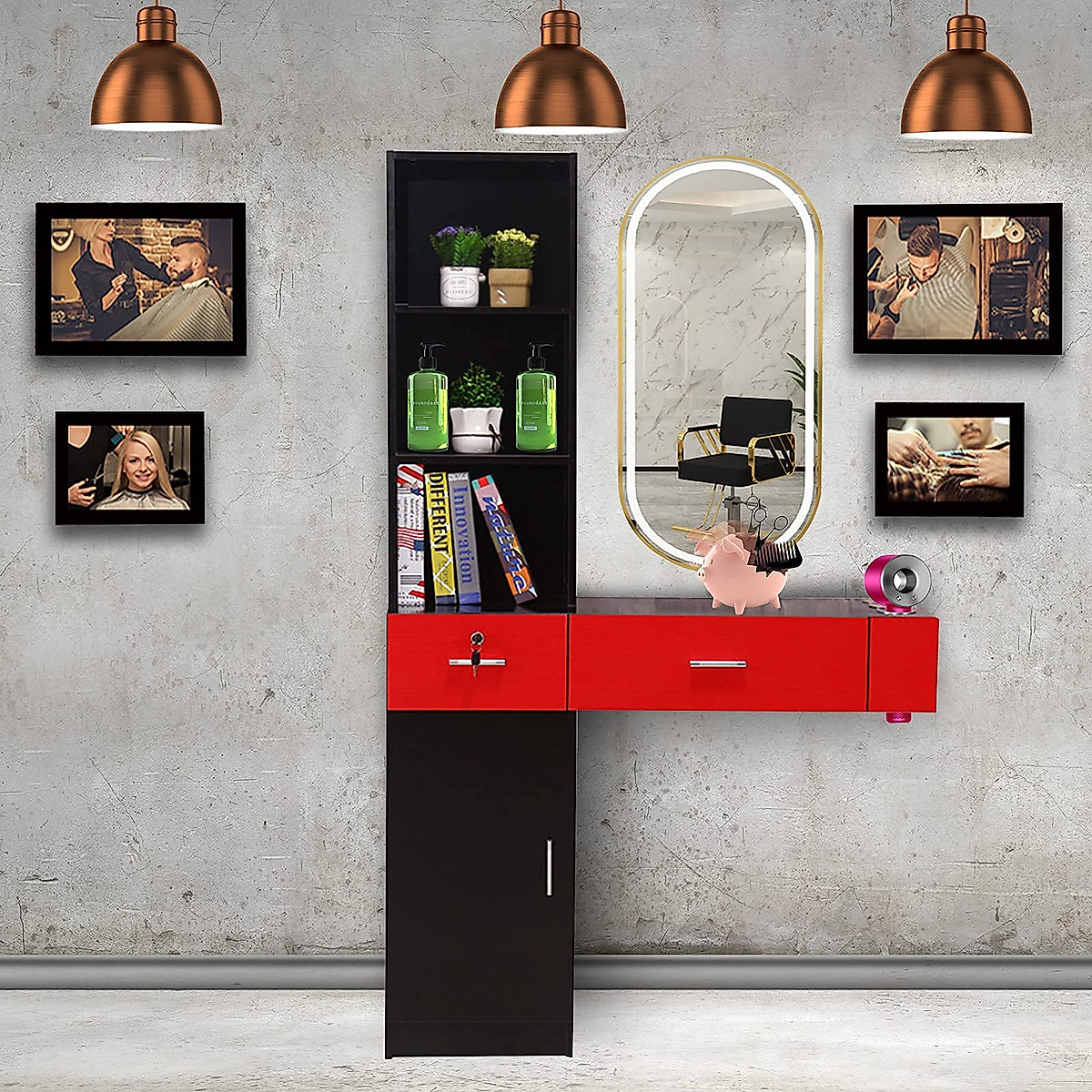 MTFY Beauty Salon Spa Equipment Set,Wall Mount Hair Styling Barber Station Barber Salon Station Makeup Equipment Set with 1 Cabinet 2 Drawers (Black & Red)