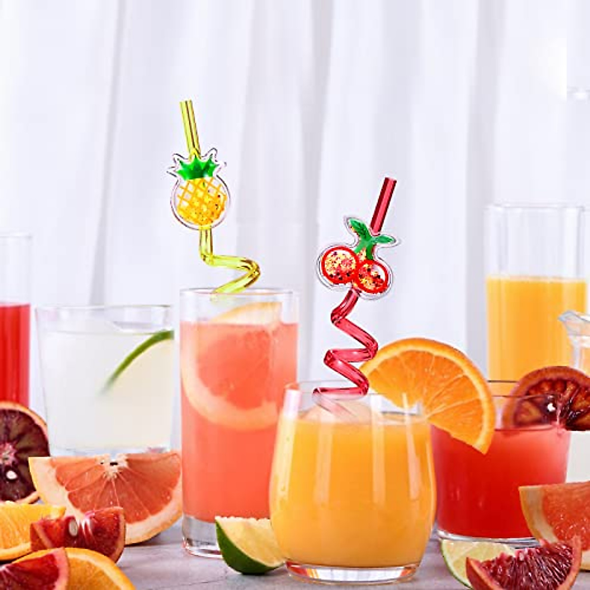 24 Glitter Fruit Party Supplies Drinking Straws Peach Grape Pineapple Cherry Watermelon Avocado Shape Design for Tutti Frutti Birthday Tropical Party Favors with 2 Straws Cleaning Brush