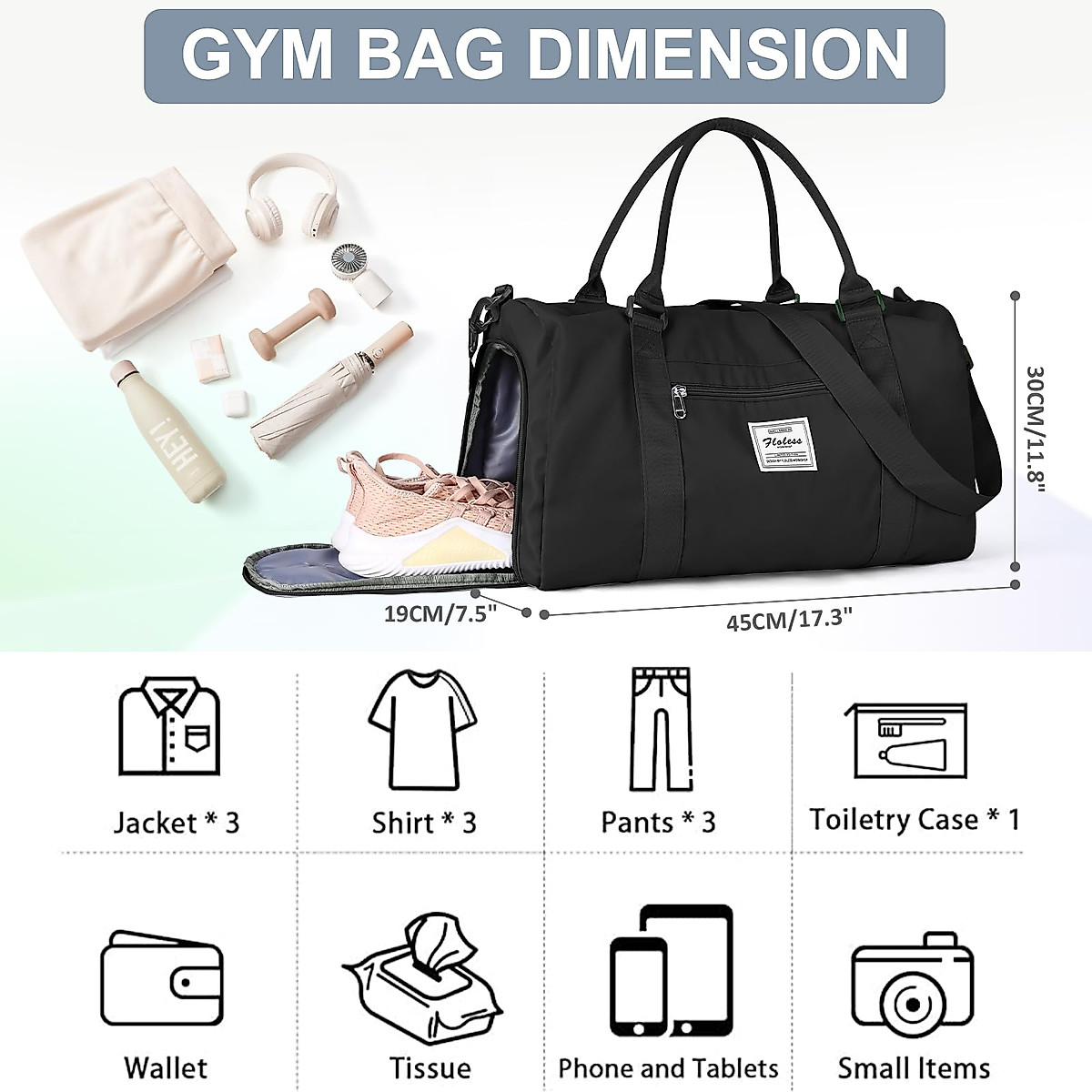 Gym Bag for Women Men with Shoes Compartment Sports Duffle Bag Personal item travel Duffel Bags Tote Bag Small Carry on Weekender Overnight Bag Workout Dance Bag Hospital Holdalls Black