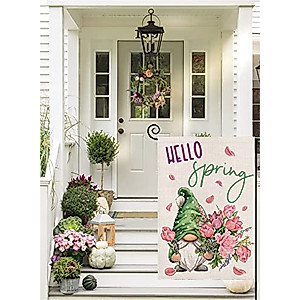 Hello Spring Garden Flag for Outside 12x18 Double Sided,Gnome with Flowers Small Yard Flag, Summer Seasonal Decors for Outdoor Anniversary Wedding Farmhouse Holiday