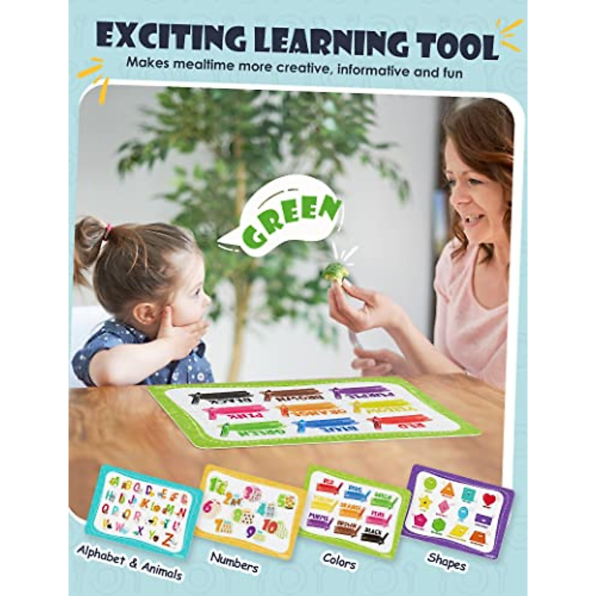 NiBaby Kids' Non Slip Educational Placemats Set of 4 Washable, Children's Interactive Placemats Foldable, Toddler Placemats for Learning Alphabet, Numbers, Shapes, Colors- Durable Reusable PU Leather