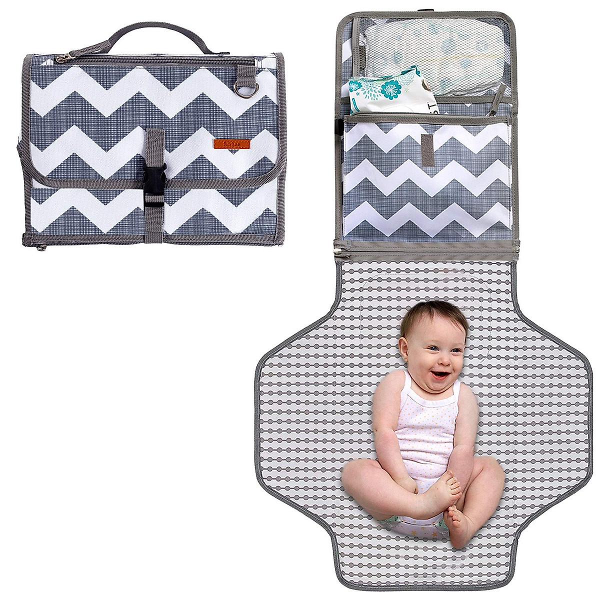 Baby Portable Diaper Changing Pad, Waterproof Travel Changing Mat Station, Built -in Padded Head Rest, Includes Mesh Pockets for Diapers and Wipes