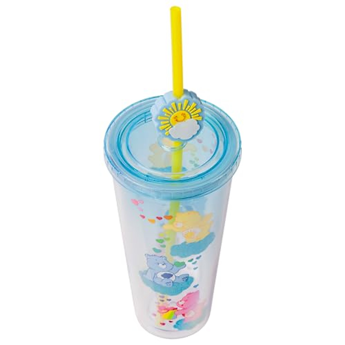 Silver Buffalo Care Bears Featuring Funshine Bear, Grumpy Bear, and Love-a-Lot Bear Glitter Plastic Cold Cup with Lid and Straw Topper, 24 Ounces