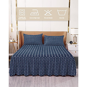 AMZRicher Navy Blue Wrap Around Pleated Bed Skirts for Queen Bed 60x80, Decorative Dust Ruffle Bed Sheet & Bedskirt 18'' Drop Bedspread with Pillow Case 20x30 Contemporary Geometric Modern Stripes