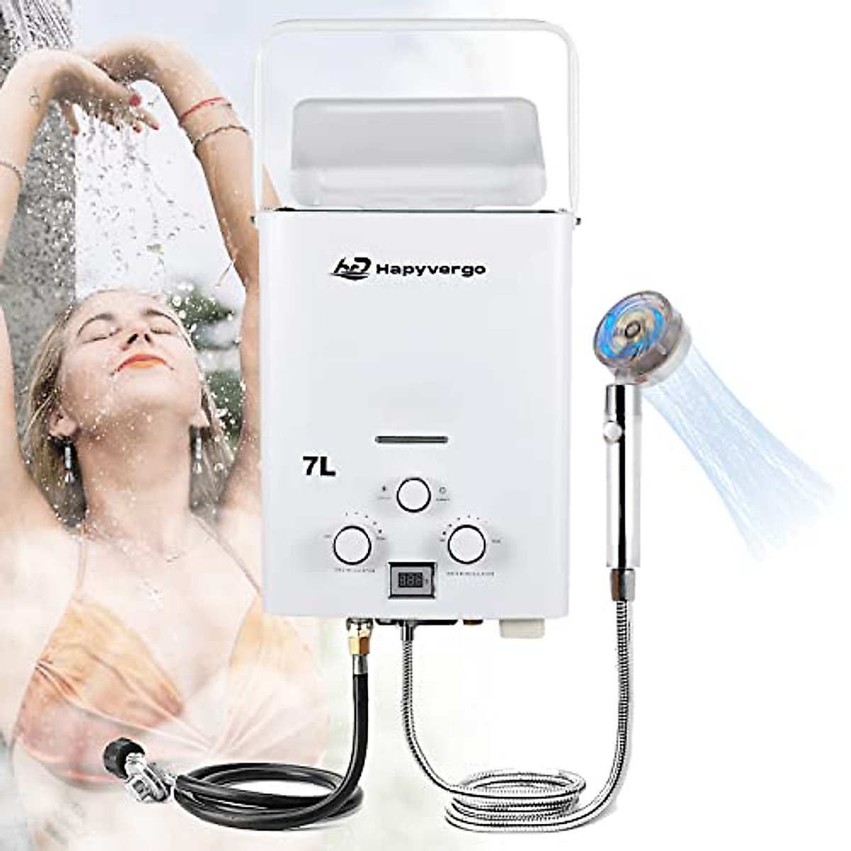 Hapyvergo 7L Portable Propane Gas Water Heater 1.85 GPM Outdoor Tankless Instant Hot Water Heater With Digital Display For Shower RV Camping Cabin Boat Barn